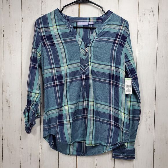 Laura Scott | Tops | Laura Scott Missy Blue Plaid 4 Button Vneck Blouse ...